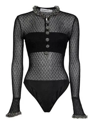 SELF-PORTRAIT Embellished Open-knit Bodysuit - Black