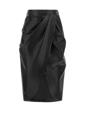 Balmain Lamb Nappa Leather Draped Midi Skirt - Black