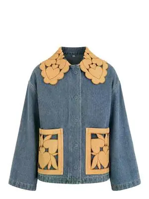 Farm Rio FARM Rio Barn Heart-Cutout Denim Jacket With Corduroy Collar Blue