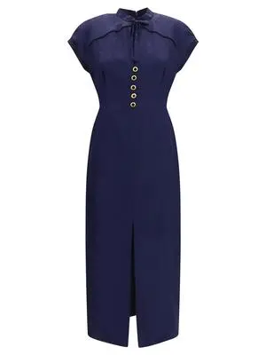 Alessandra Rich Silk Midi Dress With Contrast Piping - Blue