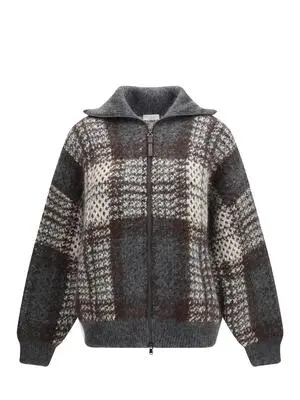 Brunello Cucinelli Checked Wool Zip Cardigan With Sequins - Gray