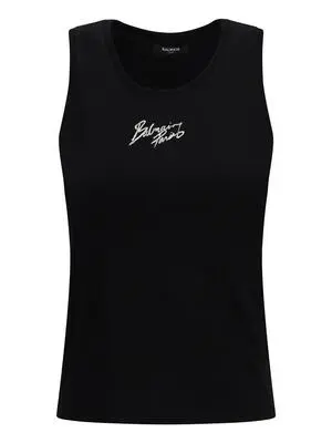 Balmain Brush Print Cotton Jersey Tank Top - Black