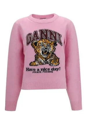 GANNI Graphic Print Wool Crew Neck Sweater - Pink