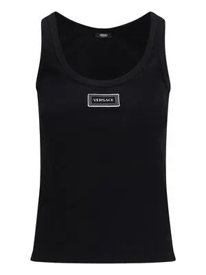 Versace Ribbed Stretch Cotton Tank Top With Vintage Logo Patch - Black