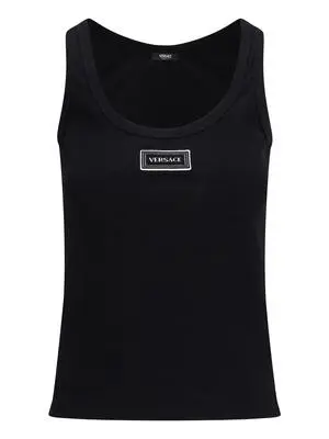 Versace Ribbed Stretch Cotton Tank Top With Vintage Logo Patch - Black