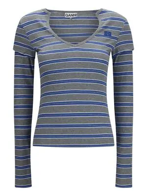 GANNI Ribbed V-neck Long Sleeve T-shirt - Gray