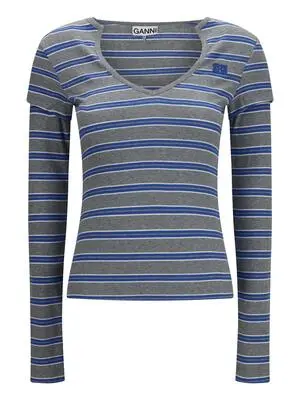 GANNI Ribbed V-Neck Long Sleeve T-Shirt Gray