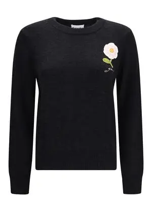 GANNI Wool Blend Sweater With Crochet Flower Detail - Black