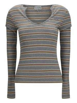 GANNI Ribbed V-neck Long-sleeve T-shirt - Gray