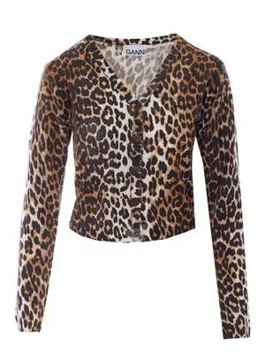 GANNI GANNI Leopard Print Merino Wool V-Neck Cardigan Brown