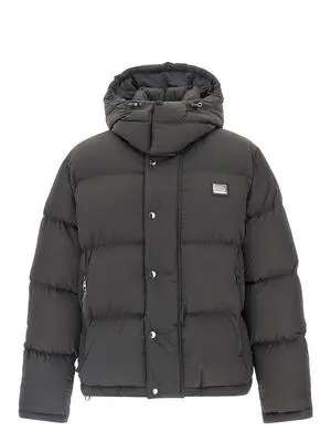Dolce & Gabbana Quilted Down Jacket With Logo Patch - Gray