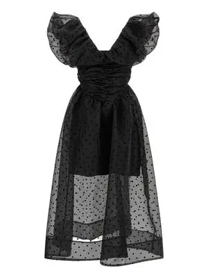 GANNI Organza Ruched Midi Dress - Black