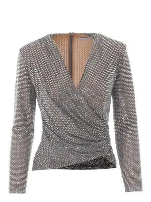 SELF-PORTRAIT Rhinestone Mesh Long Sleeve Top - Gray
