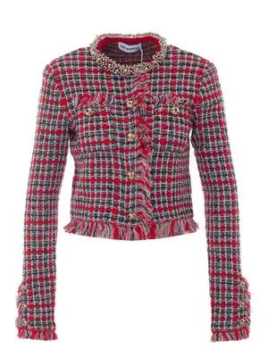 SELF-PORTRAIT SELF-PORTRAIT Check Frayed Knit Jacket Red