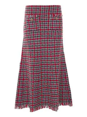 SELF-PORTRAIT Check Frayed Knit Midi Skirt - Red
