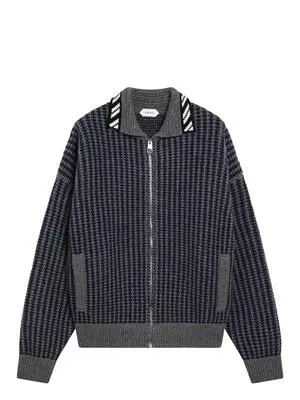 Versace Wool Zip-up Cardigan With Geometric Intarsia - Gray