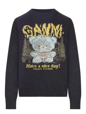 GANNI Wool Sweater With Teddy Graphic - Gray