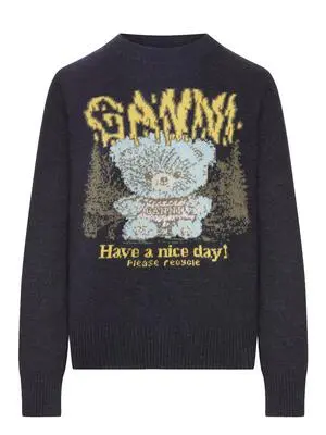 GANNI Wool Sweater With Teddy Graphic - Gray