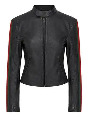 Gucci Leather Biker Jacket With Web Stripe Detail - Black