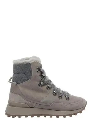 Brunello Cucinelli Suede, Knit And Shearling Runners - Gray