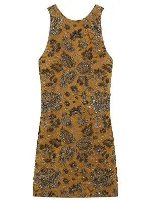 Saint Laurent Mini Dress In Gold Stretch Brocade - Brown