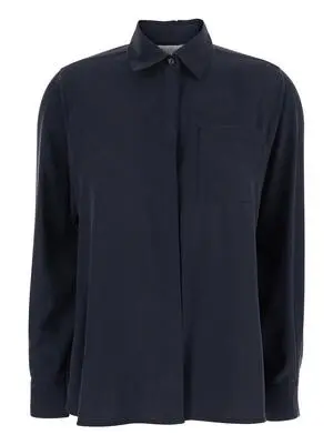 Max Mara Blue Silk Lon-sleeved Shirt With Applied Pocket In Silk For - Multicolor