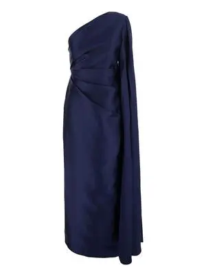 Solace London Veya' Blue Long Dress With Asymmetric Neckline And Draping In Tech Fabric - Multicolor