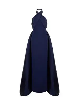Solace London Rumi' Blue Long Dress With Crossed Halterneck And Single Slit On The Back In Tech Fabric - Multicolor