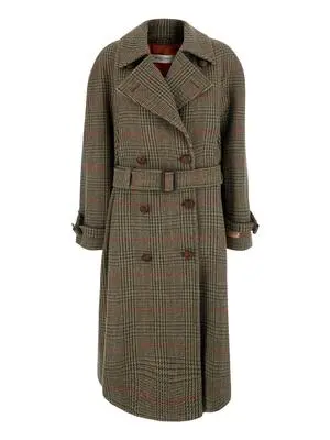 GOLDEN GOOSE Brown Coat With Belt And Prince Of Wales Motif In Wool For - Multicolor