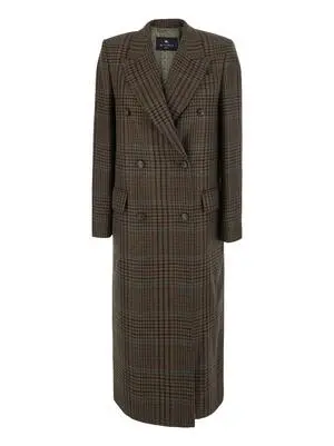 Etro Brown Double-breasted Coat With Peak Revers And Check Motif In Wool For - Multicolor