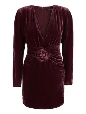 ROTATE BY BIRGER CHRISTENSEN Bordeaux Mini Dress With V-neck And Floral Detail On The Front In Velvet For - Multicolor