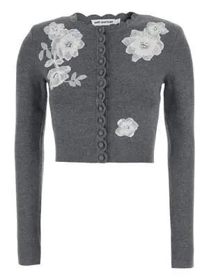 SELF-PORTRAIT Grey Cardigan With Embroidered Floral Lace Details In Wool For - Multicolor
