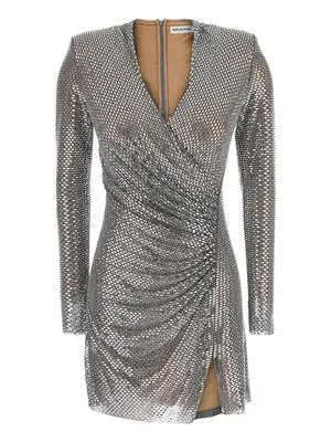 SELF-PORTRAIT Silver Colored Dress With Draping And Applied Jewels All-over In Tech Fabric - Multicolor