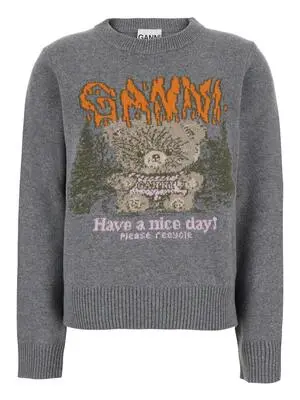 GANNI Gray Crew Neck Sweater With Maxi Graphic On The Front In Blend Wool - Multicolor