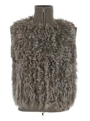 P.a.r.o.s.h Beige Sleeveless Jacket With High Collar And Applied Fur In Wool For - Multicolor