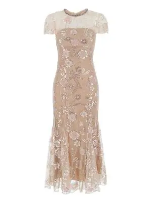 SELF-PORTRAIT Pink Long Dress With All-over Sequins In Fabric - Multicolor
