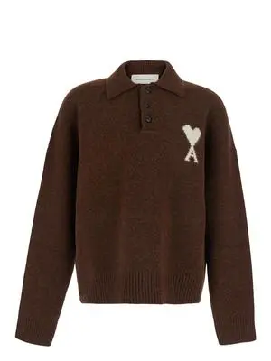 AMI Paris Sweater With Polo Collar And Adc Embroidery On The Front In Wool For - Brown