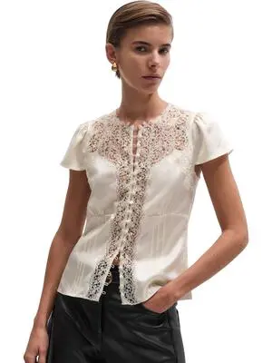 ME+EM Silk Satin And Lace Cap Sleeve Top - Light Cream