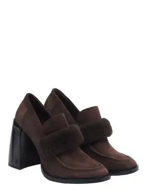 JIMMY CHOO Tylor Shearling-trimmed Suede Loafer Pumps - Brown