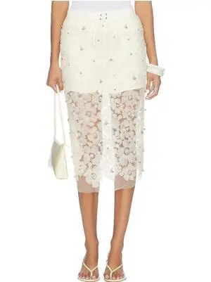 SIEDRES Siam Sheer Floral Applique Midi Skirt In Cream - Ecru