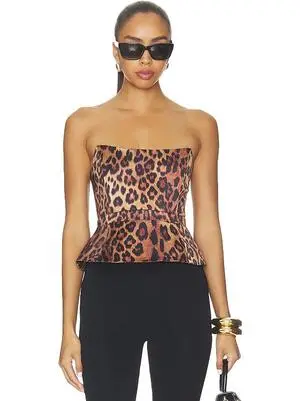 L'Agence Mirella Corset Peplum Top In Brown - Tan Multi Java Leopard