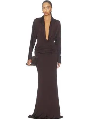 Lapointe Printed Jersey Dolman Cowl Neck Gown - Chocolate