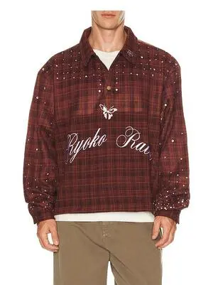 RYOKO RAIN Pullover Rhienstone Flannel In Red - Maroon