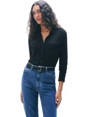 WHITE & WARREN Superfine Merino Wool Shirt Sweater In Size - Black