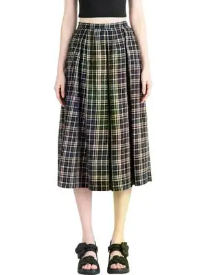 MARGARET HOWELL Check-pattern Pleated Midi Skirt - Black