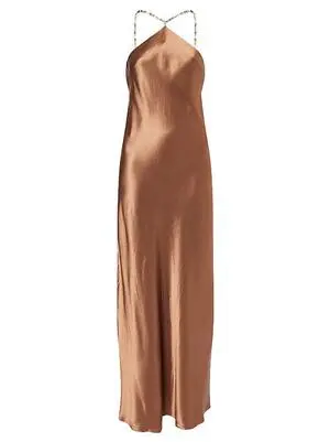 Staud Cadence Pearl-strap Halter Satin Maxi Dress - Cigar