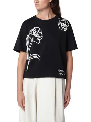 Max Mara Black T-shirt In Cotton With Floral Embroidery Black