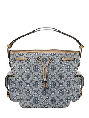 Tory Burch Pockets T Monogram Denim Bucket Bag 'powder Blue' Blue
