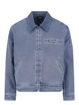 A.p.c. A. P.c. Men's 100% Cotton Denim Jacket With Classic Collar And Embroidered Logo Blu
