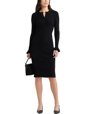Caslon Striped Henley Sweater Dress - Black